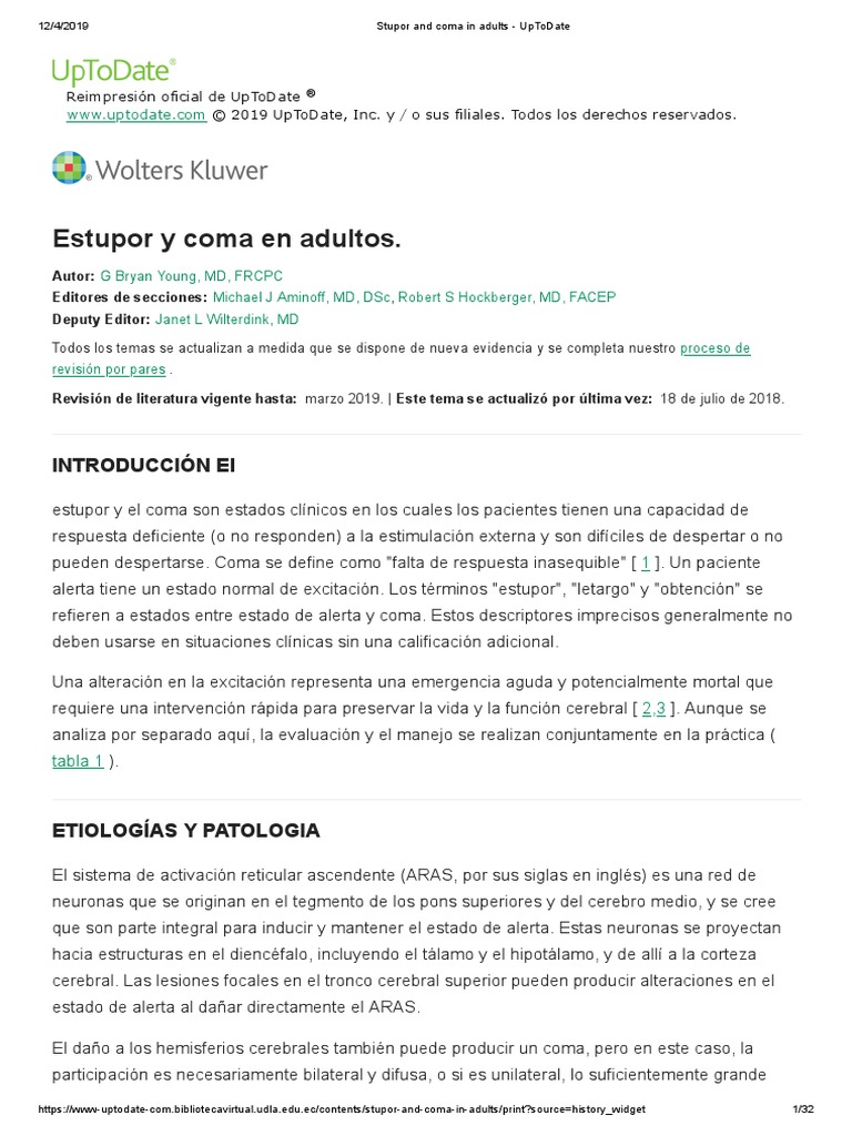Stupor and Coma in Adults - UpToDate PDF | PDF | Coma | Fluido ...