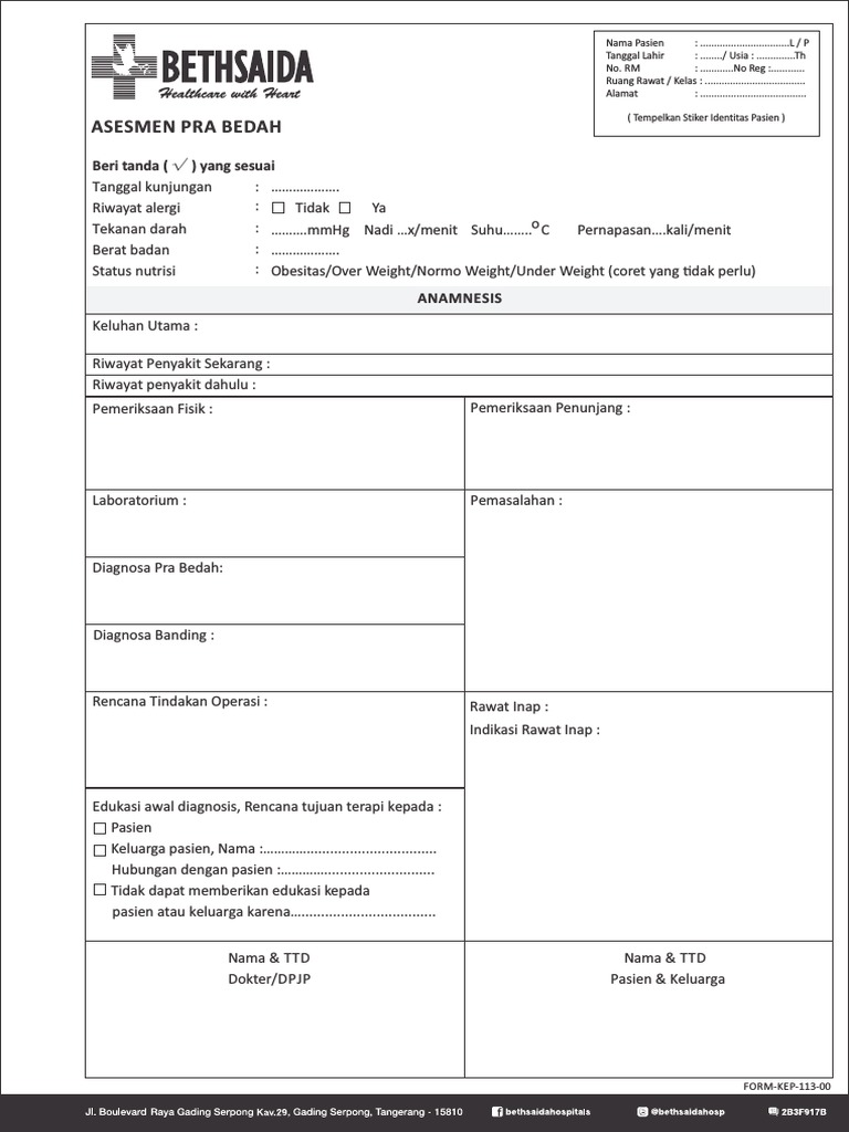 FORM PMD 113 00 Asesmen Pra Bedah | PDF
