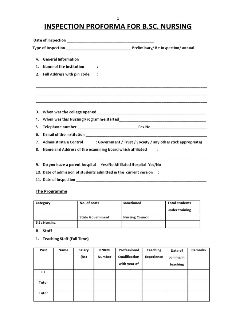 Inspection Proforma For B.Sc. Nursing: The Programme | PDF | Hospital ...