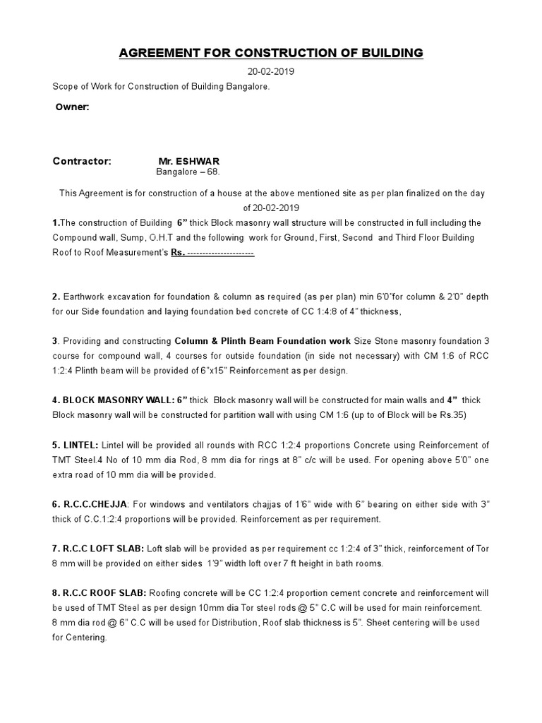 Agreement For Construction of Building: Contractor | PDF | Wall | Masonry
