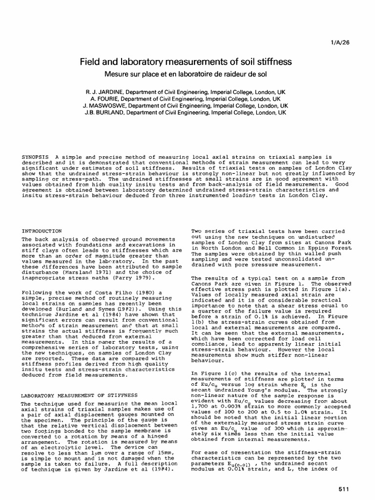 Field and Laboratory Measurements of Soil Stiffness: Mesure Sur Place ...