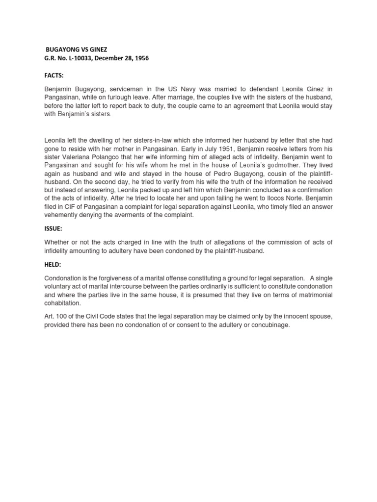 Bugayong Vs Ginez G.R. No. L-10033, December 28, 1956 Facts | PDF