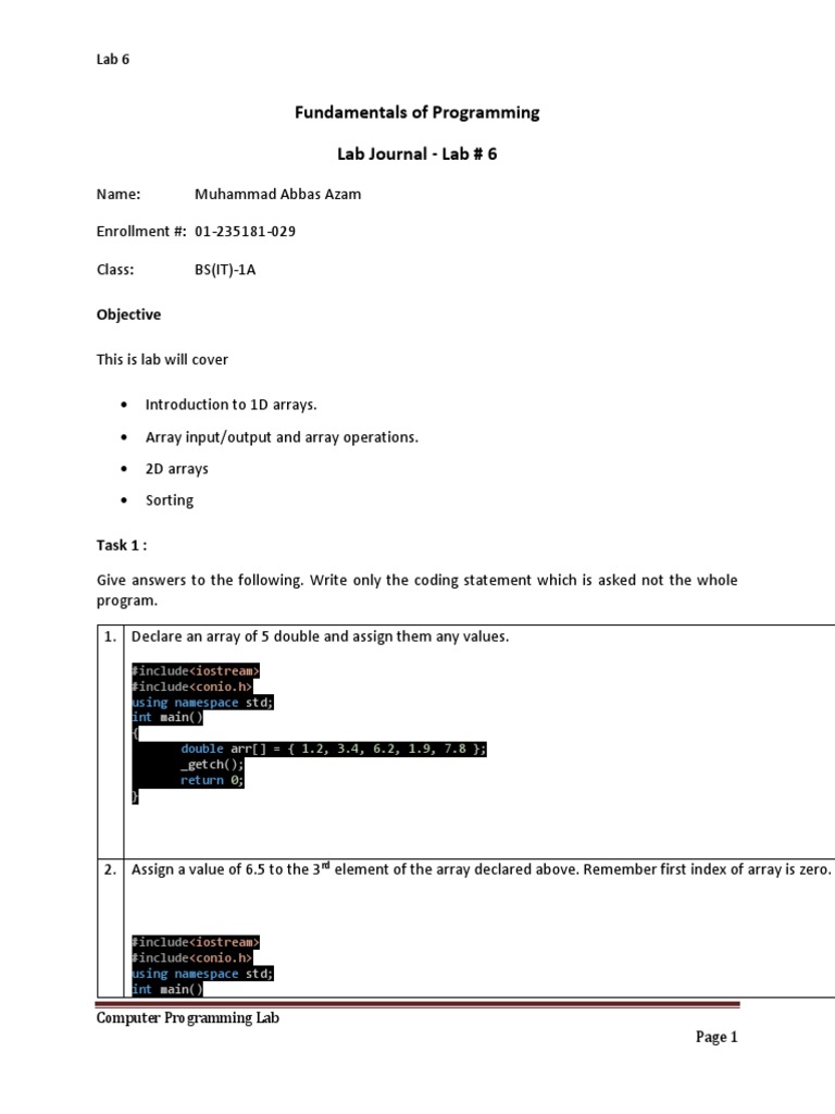 Fundamentals of Programming Lab Journal - Lab # 6: Objective | PDF ...