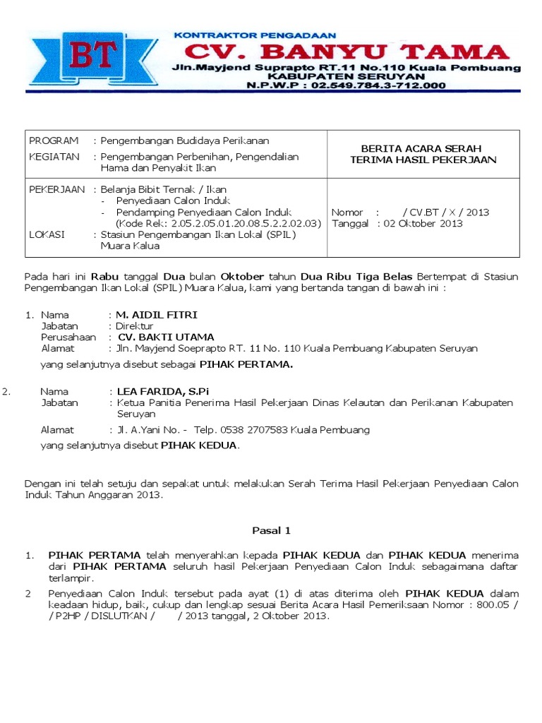 Contoh Ba Serah Terima Calon Induk | PDF