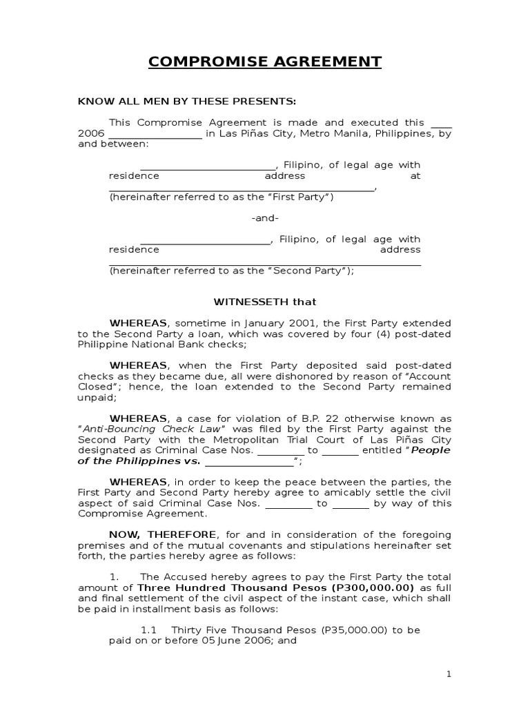 Compromise Agreement: of The Philippines vs. - " | PDF | Virtue ...