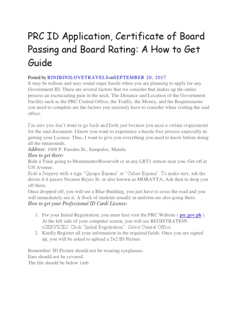PRC ID Application, Certificate of Board Passing and Board Rating: A ...