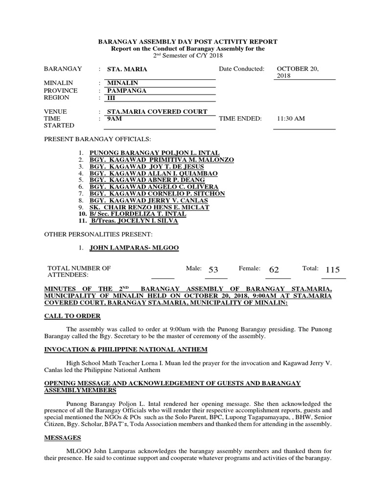 State of The Barangay Address Minutes | PDF