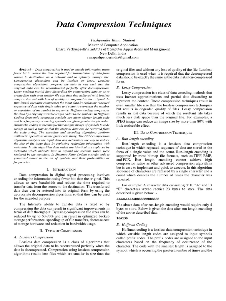 Data Compression Techniques: Pushpender Rana, Student | PDF | Data ...