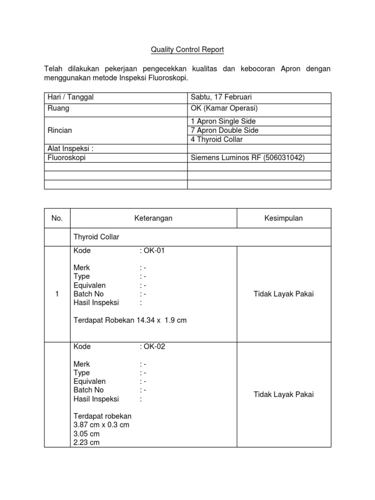 2018 - 02 - 28 Pengujian Apron Timbal Contoh Laporan | PDF