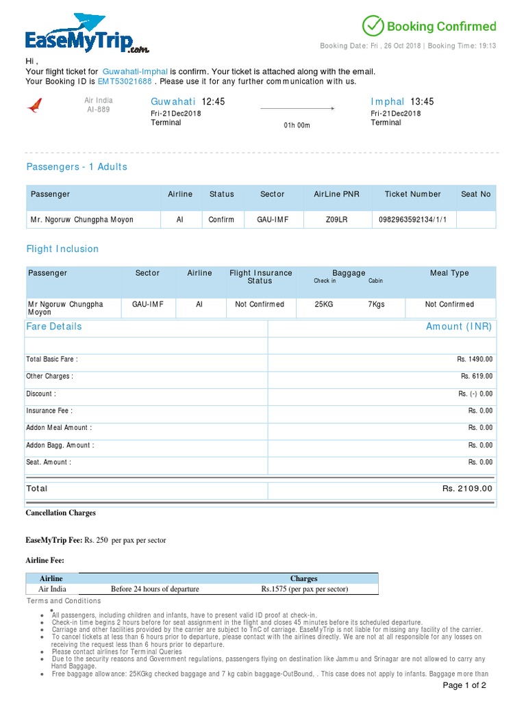 Flight Ticket Confirmation from Guwahati to Imphal for Mr. Ngoruw ...
