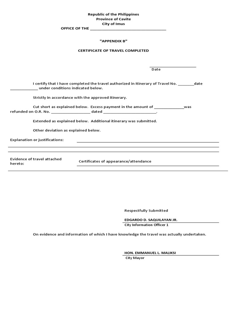 Certificate of Travel Completion Form | PDF