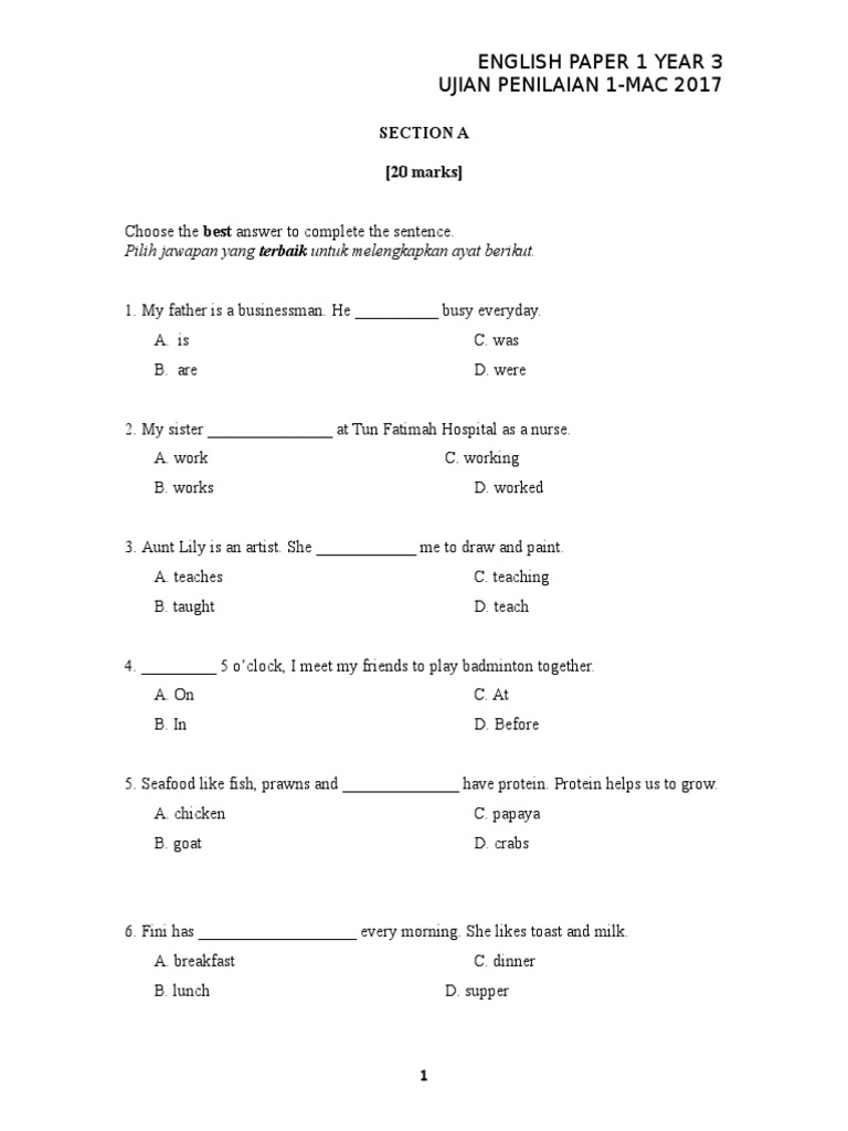 English Year 3 Paper 1 Ujian Mac-Format | PDF | Lunch | Meal
