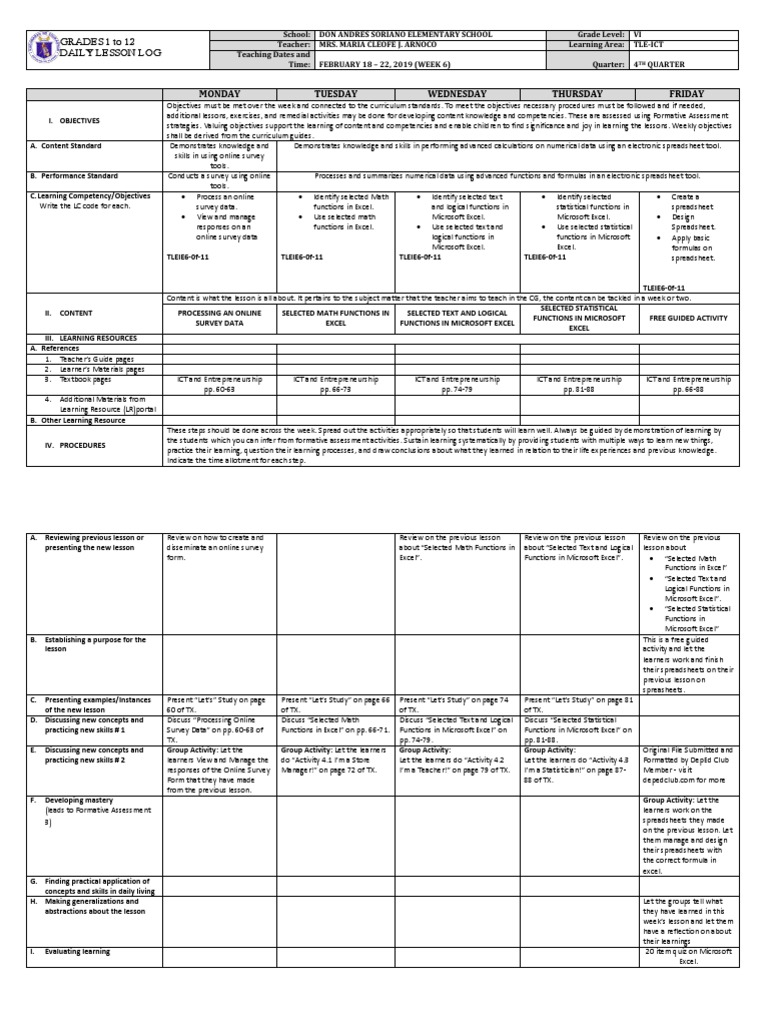 DLL Tle-Ict 6 q4 w6 | PDF | Spreadsheet | Educational Technology