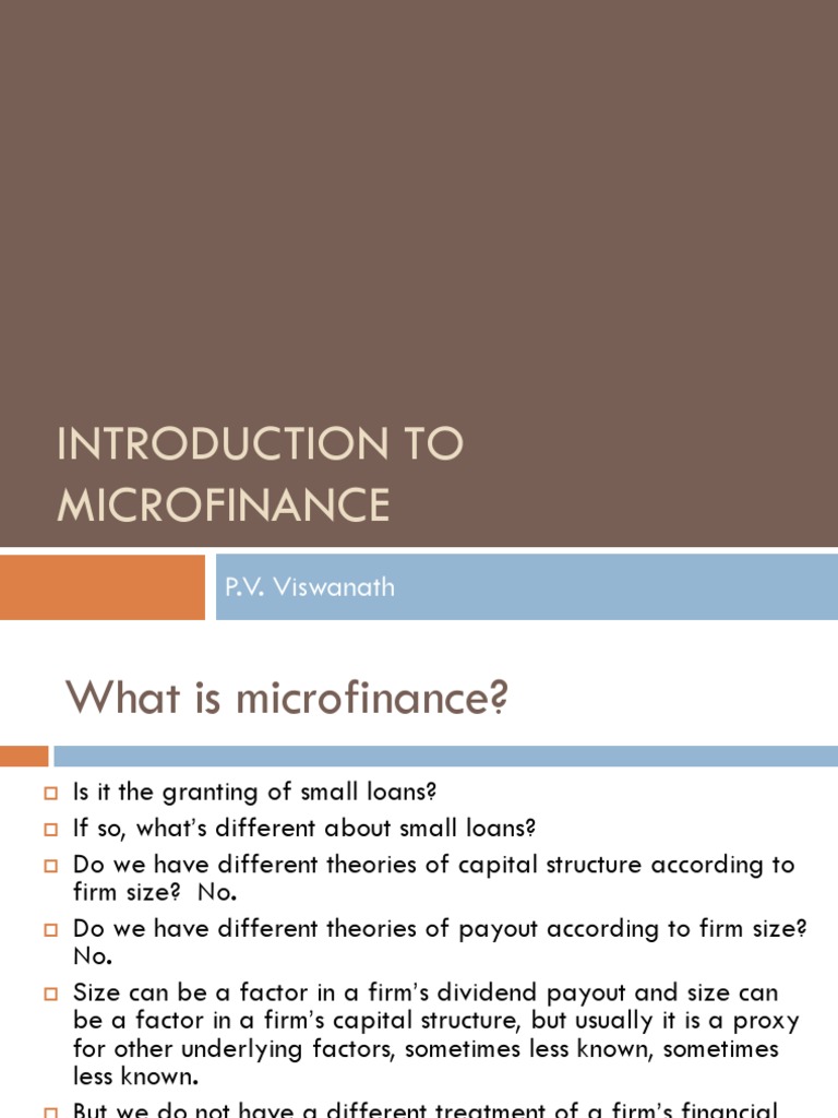 Introduction To Microfinance: P.V. Viswanath | PDF | Microfinance | Loans