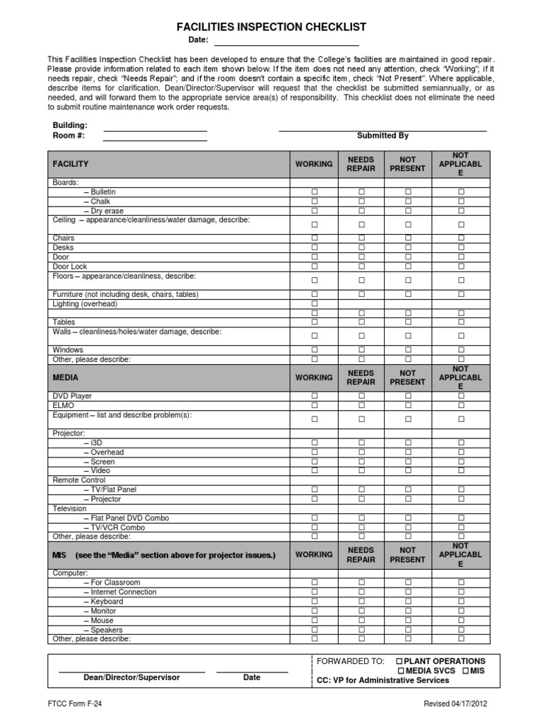Facilities Inspection Checklist | PDF | Electronics | Media Technology