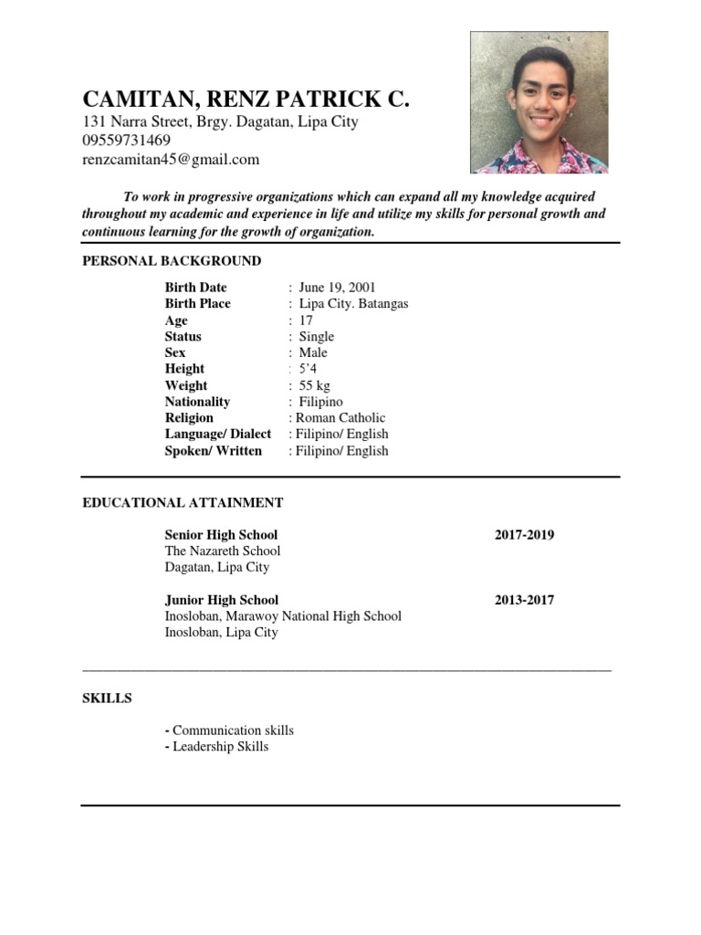 Camitan, Renz Patrick C.: 131 Narra Street, Brgy. Dagatan, Lipa City ...