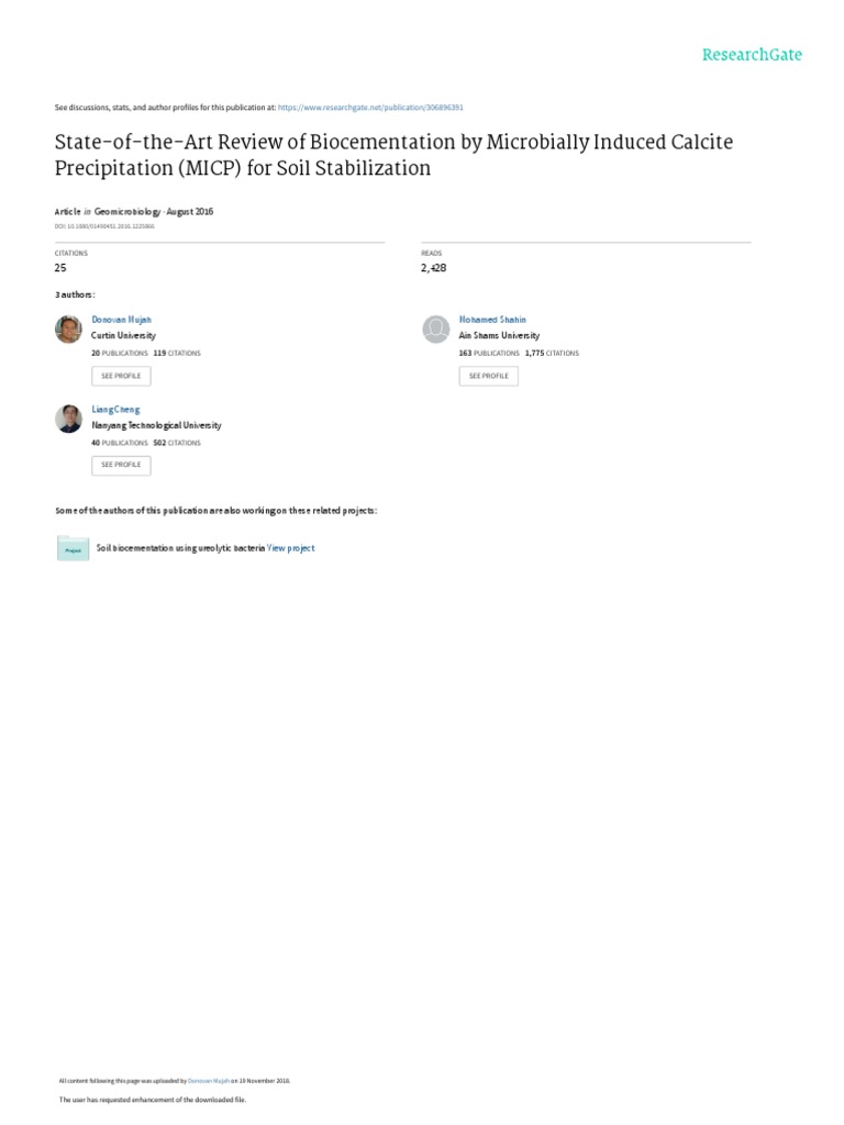 State of The Art Review of Biocementation | PDF | Porosity | Soil