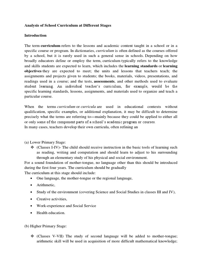 Analysis of School Curriculum at Different Stages | PDF | Curriculum ...
