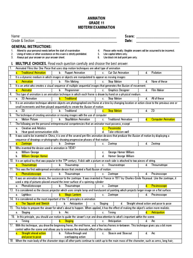 Animation Midterm Answer Key | PDF | Animation