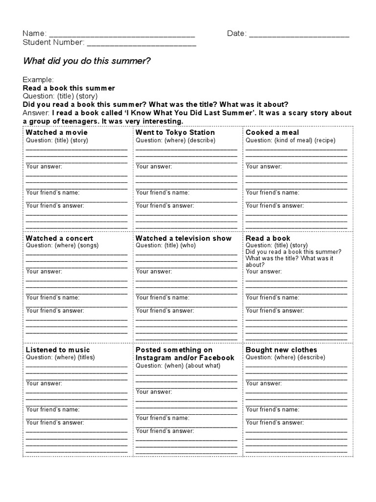 Summer Activities Reflection Worksheet | PDF