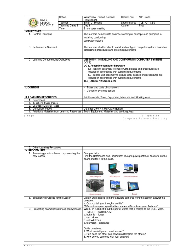 1st Quarter Daily Lesson Log - CSS Grade10 | PDF | Teachers | Operating ...