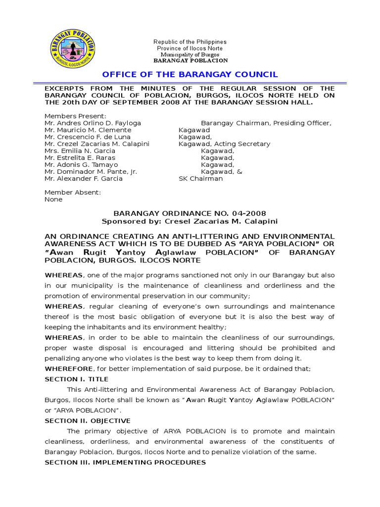 Brgy. Ordinance No. 004-2008 | PDF | Government | Justice