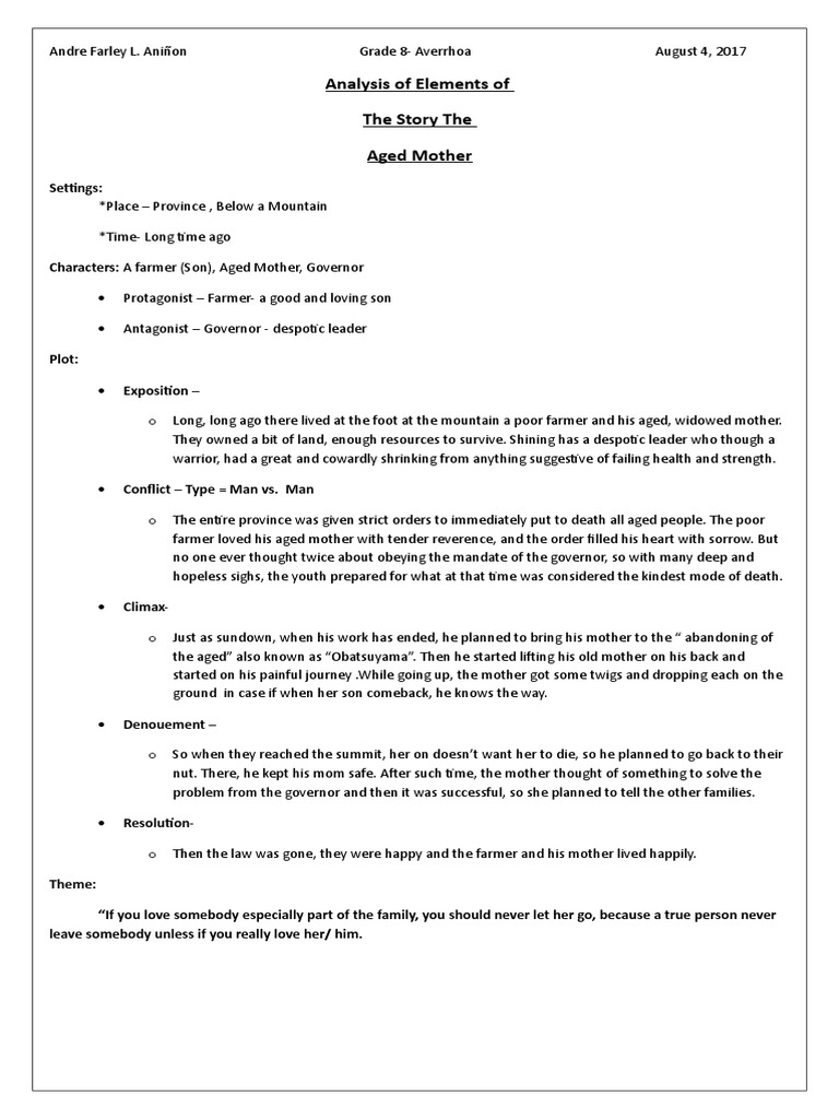 Analysis of Elements of The Story The Aged Mother: Settings | PDF ...