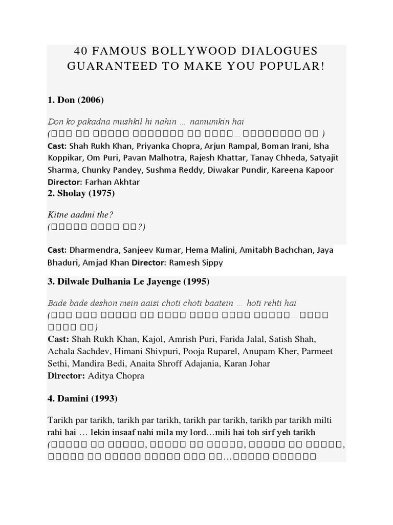 40 Famous Bollywood Dialogues Guaranteed To Make You Popular | PDF ...