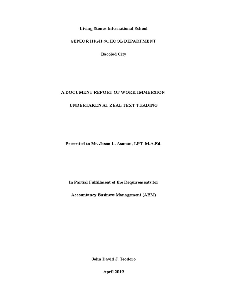 Work Immersion Table of Contents