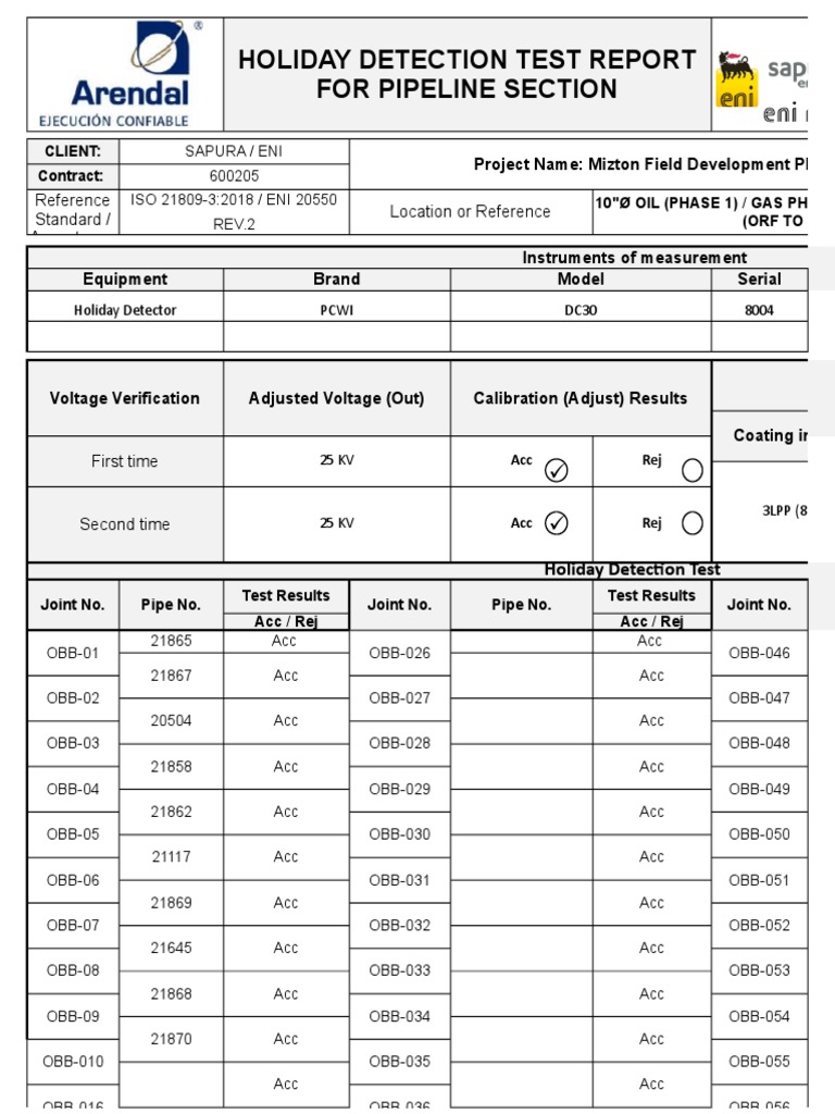 Holiday Detection Test Report For Pipeline Section: Project Name ...