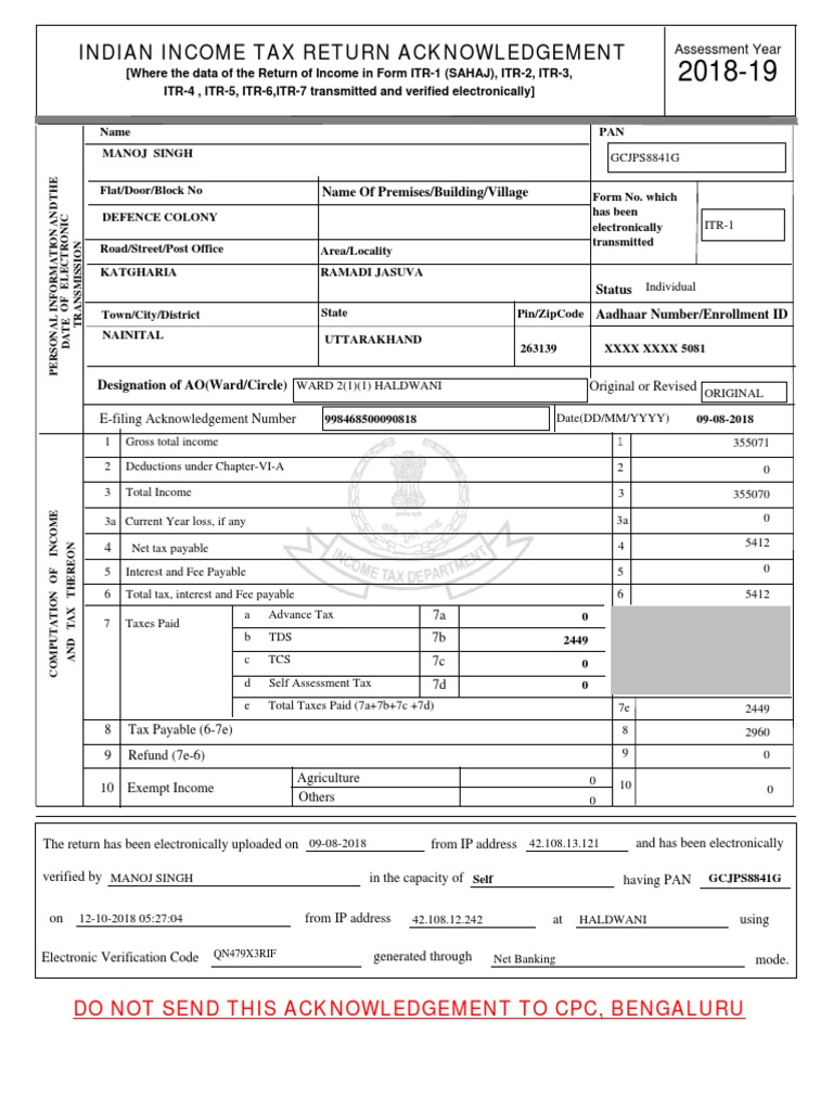 Income Tax Return Acknowledgement 2018 | PDF | Income Tax | Government ...