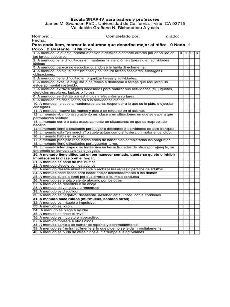 Escala SNAP-IV para Evaluación Infantil | PDF | Desorden hiperactivo y ...