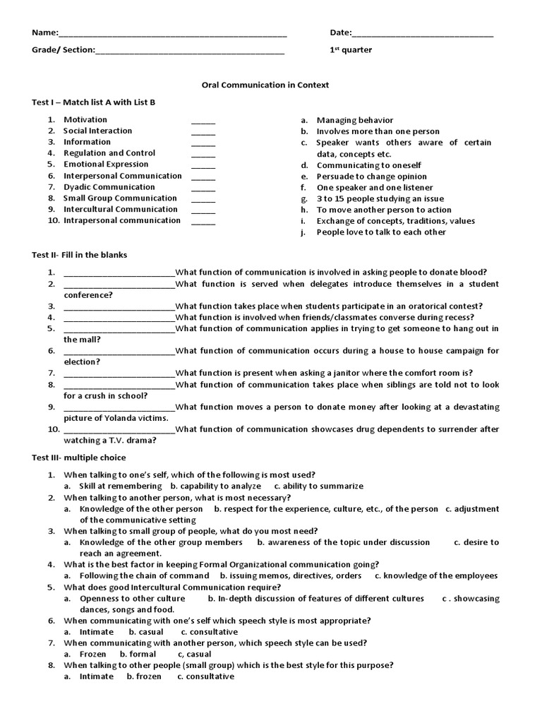 TEST QUESTIONS Oral Comm 1st Quarter | PDF | Interpersonal ...