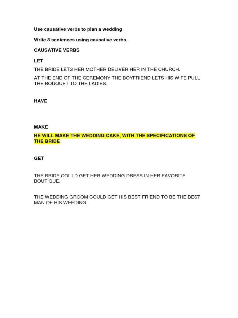 Use Causative Verbs To Plan A Wedding Write 8 Sentences Using Causative ...