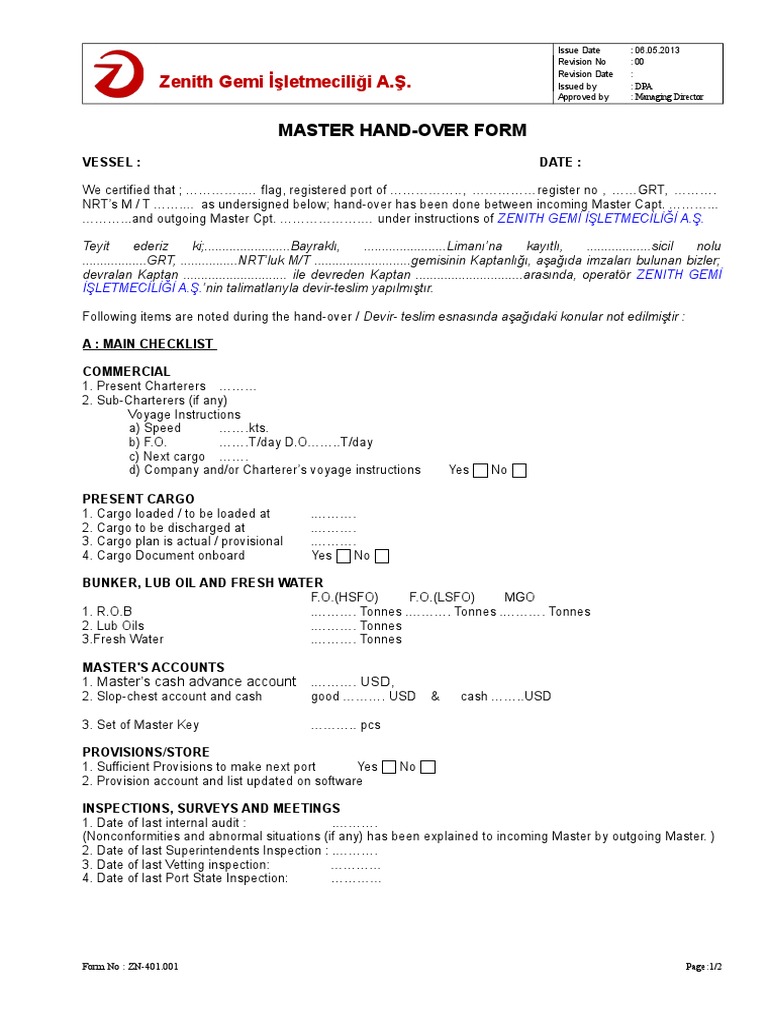 401.001 Master Hand Over Form | PDF | Ships | Shipping