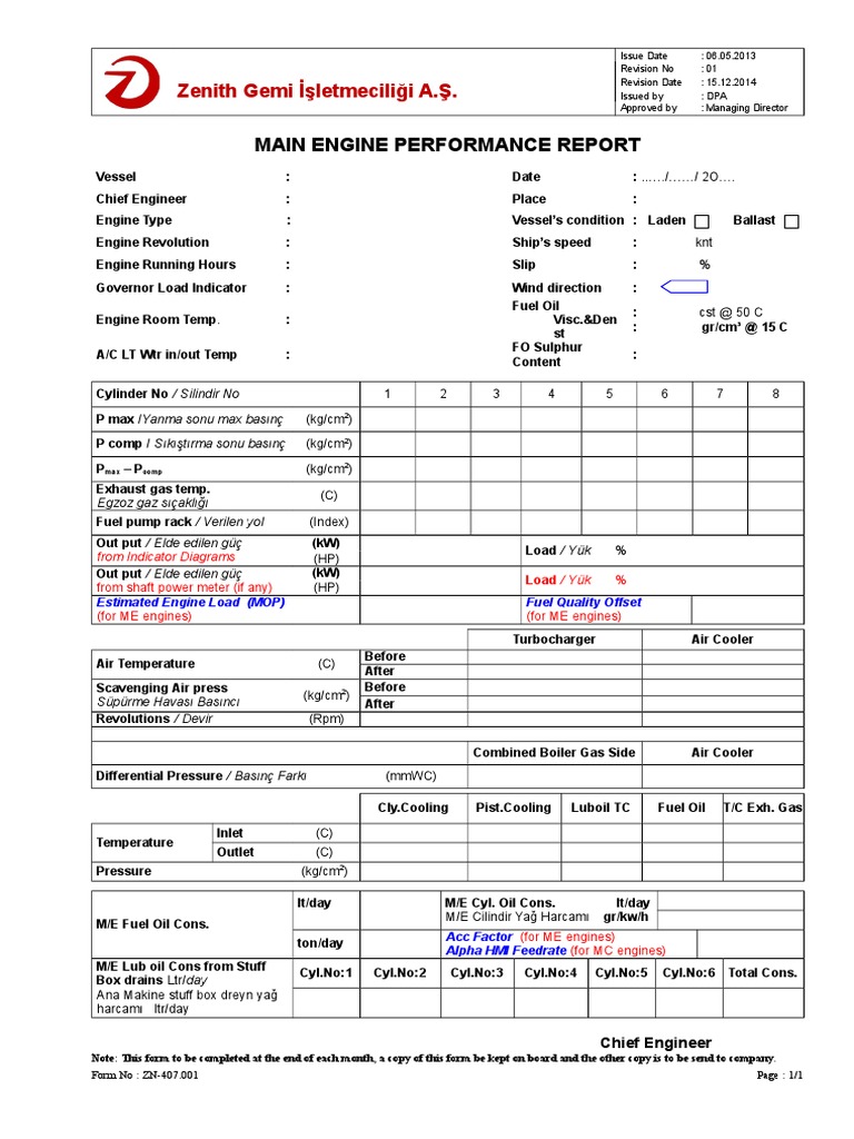 Zenith Gemi İşletmeciliği A.Ş.: Main Engine Performance Report | Engine ...