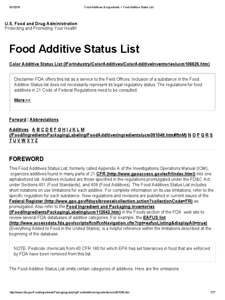 Food Additives & Ingredients - Food Additive Status List | PDF | Food And Drug Administration ...