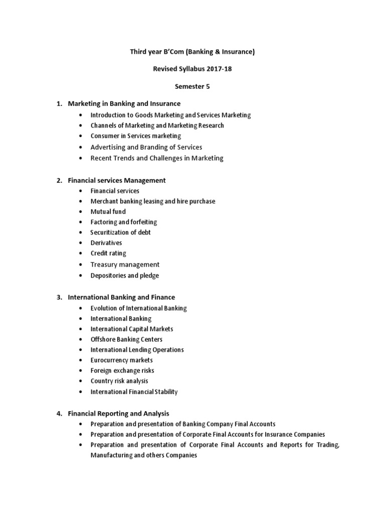 Third Year B'Com (Banking & Insurance) Revised Syllabus 2017-18 Semester 5 1. Marketing in ...