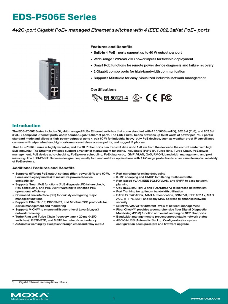 Moxa Eds P506e Series Datasheet v1.0 | PDF | Network Switch | Ethernet