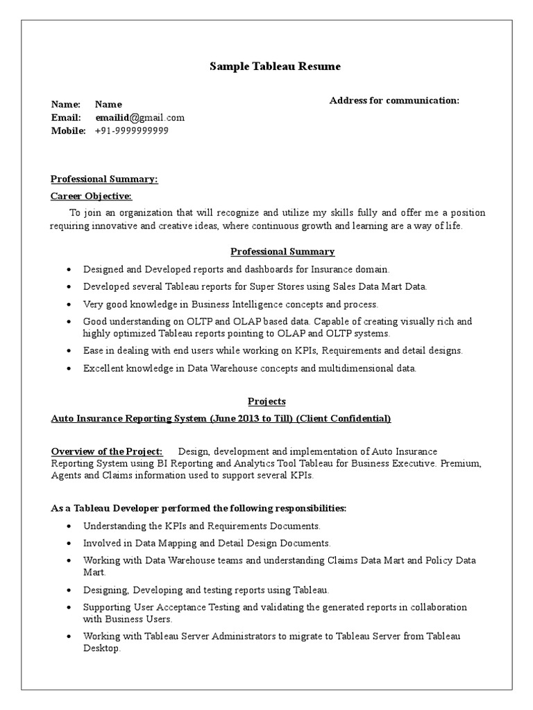 A Data Visualization Specialist: Tableau Resume Highlighting Skills in ...
