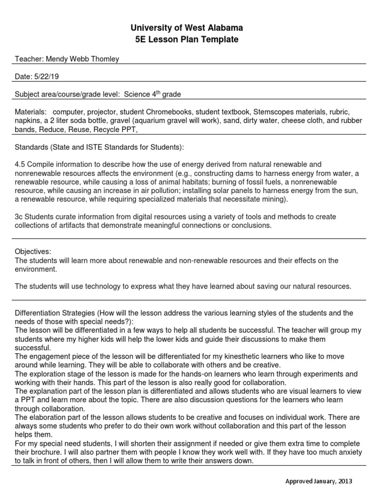 University of West Alabama 5E Lesson Plan Template: Approved January ...