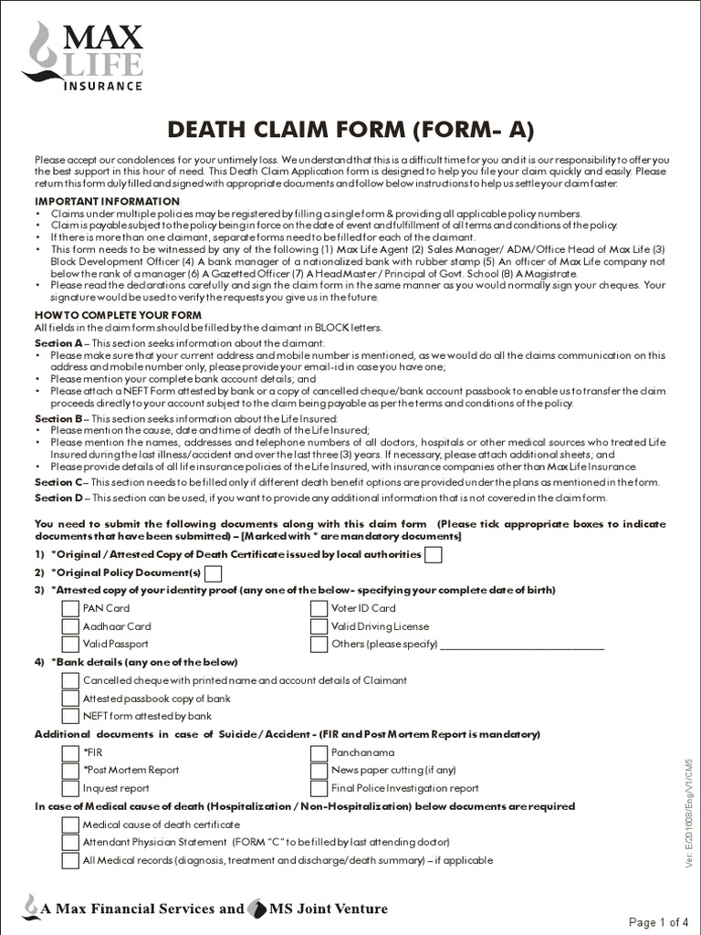 Death Claim Application Form A English | PDF | Life Insurance | Insurance