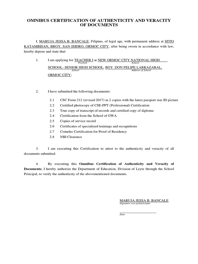 Omnibus Certification of Authenticity and Veracity of Documents | PDF