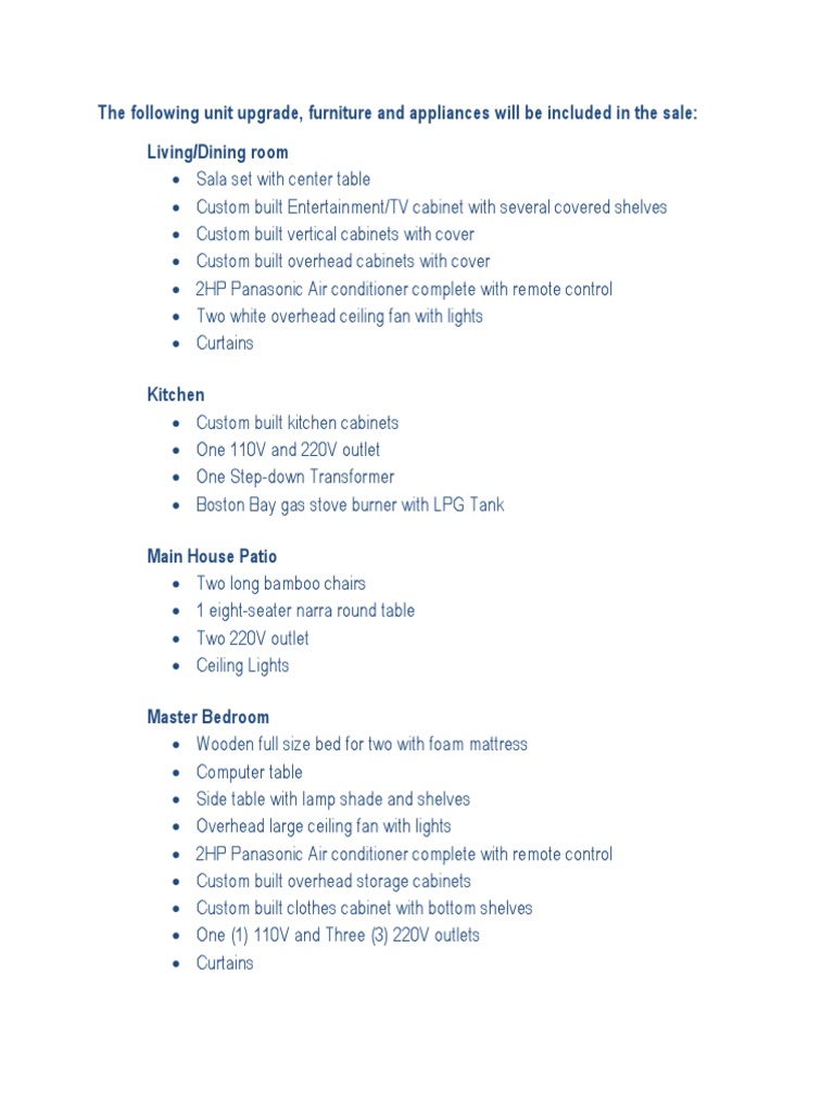 Included Items for Property Sale | PDF | Kitchen | Bathroom