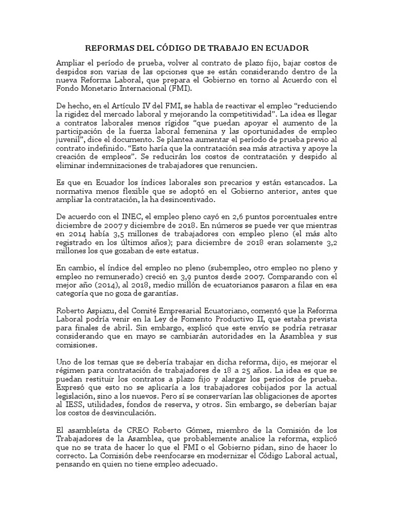 Reformas Del Código de Trabajo en Ecuador | Descargar gratis PDF ...
