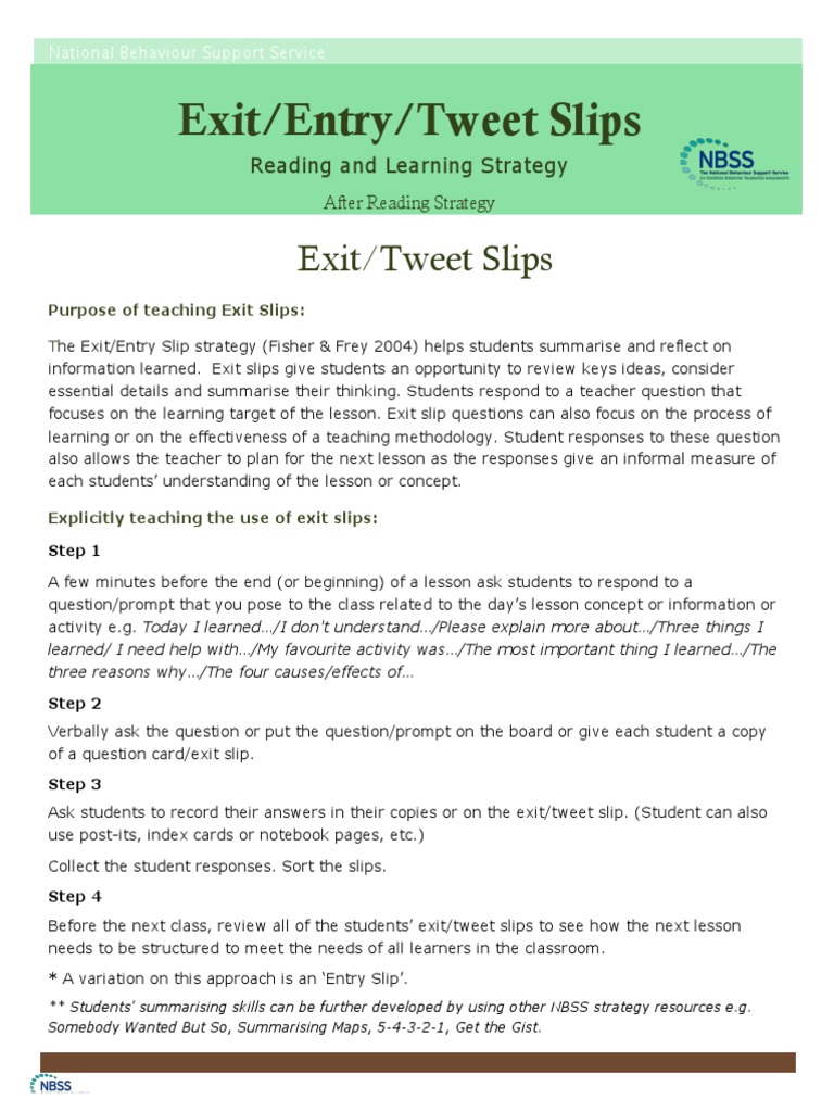 Exit-Entry Slip - Comprehension Strategy Handout Copy 2 0 | PDF ...
