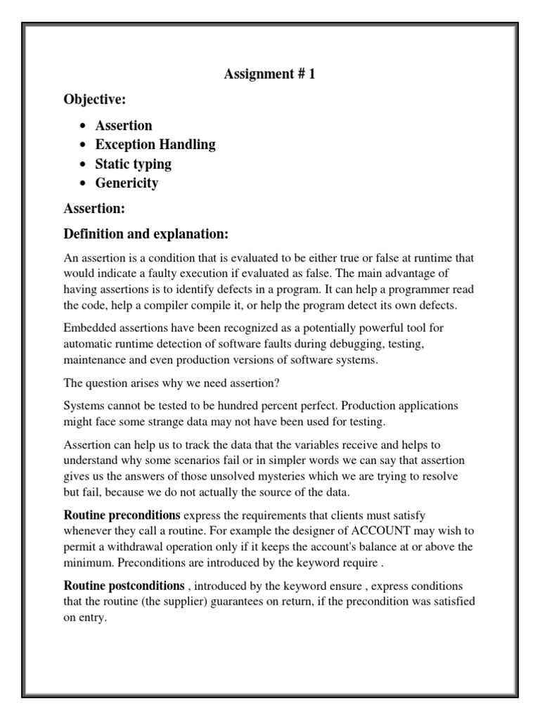 Assertion Exception Handling Static Typing Genericity: Assignment # 1 Objective | Download Free ...