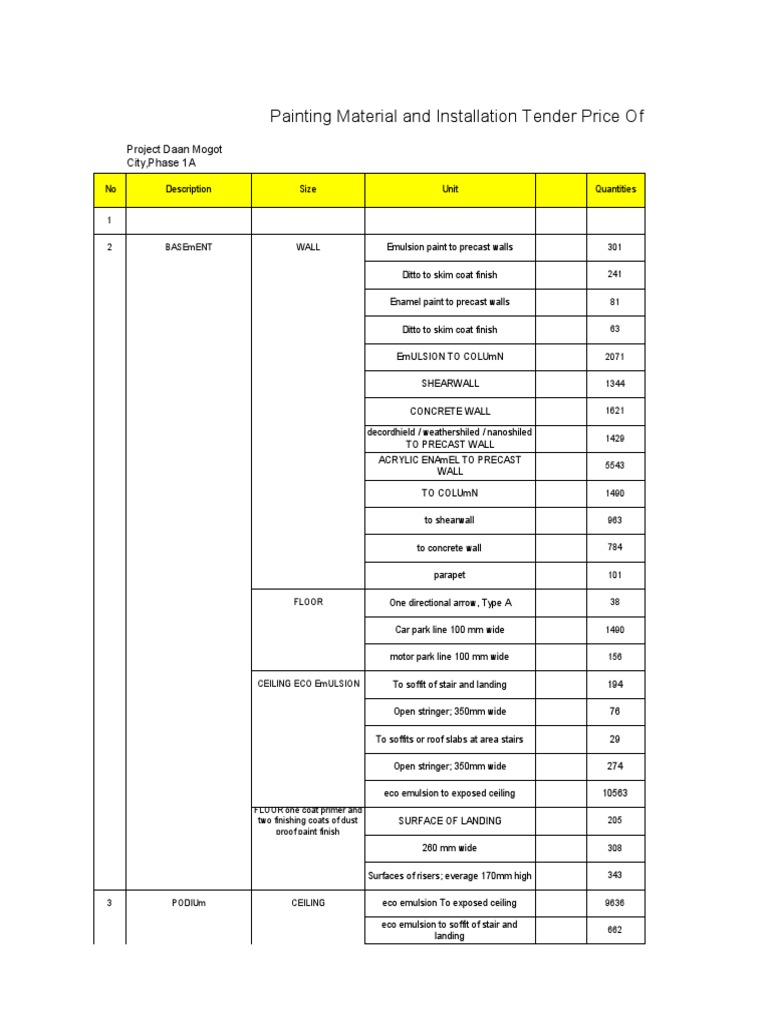 PAINTING Tender Quotation | PDF | Wall | Precast Concrete