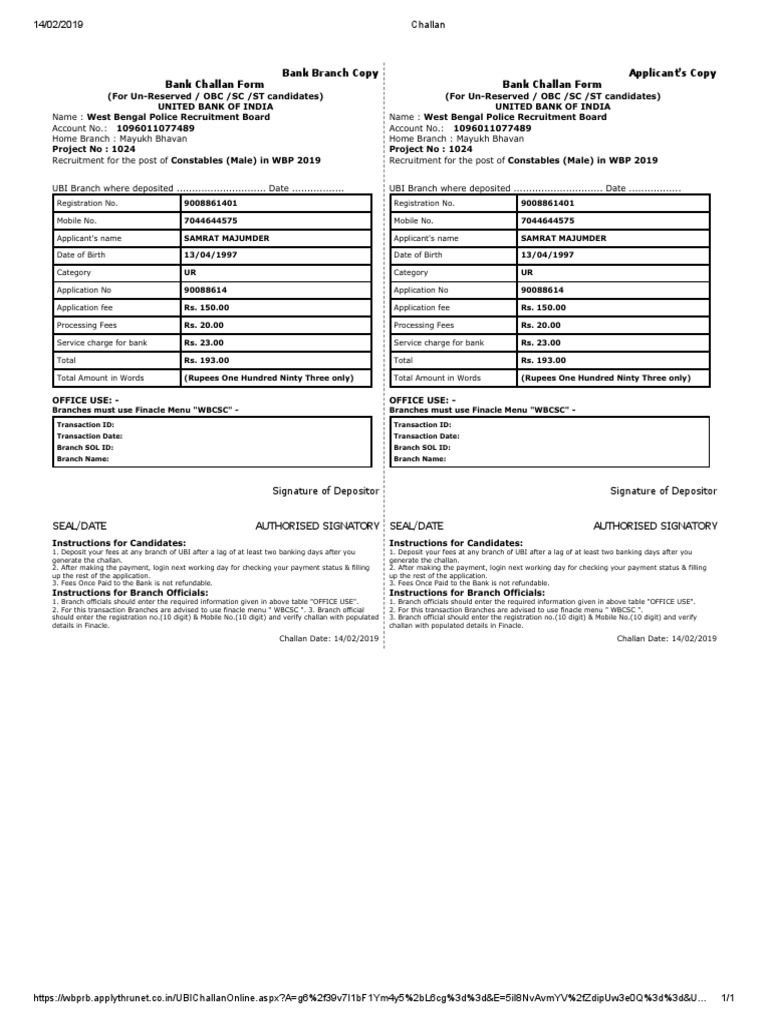 Bank Branch Copy Bank Challan Form Applicant's Copy Bank Challan Form ...