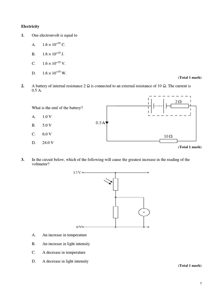 Electricity MCQ | PDF | Electrical Resistance And Conductance | Voltage
